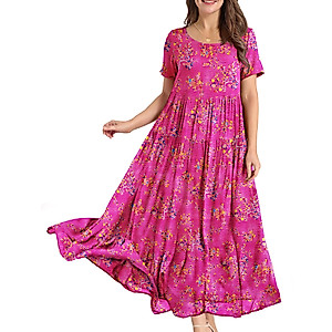YESNO Women Casual Loose Bohemian Floral Dress with Pockets Short Sleeve Long Maxi Summer Beach Swing Dress L EJF CR26 Pink
