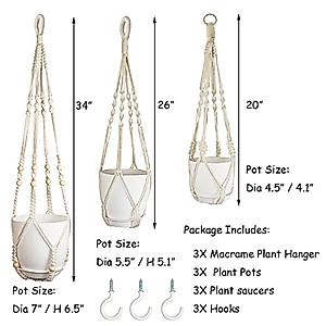 Bouqlife 3 Pack Macrame Plant Hangers with Pots Hanging Planters for Indoor Plants Holders with Trays & Hooks 34" / 26" / 20"