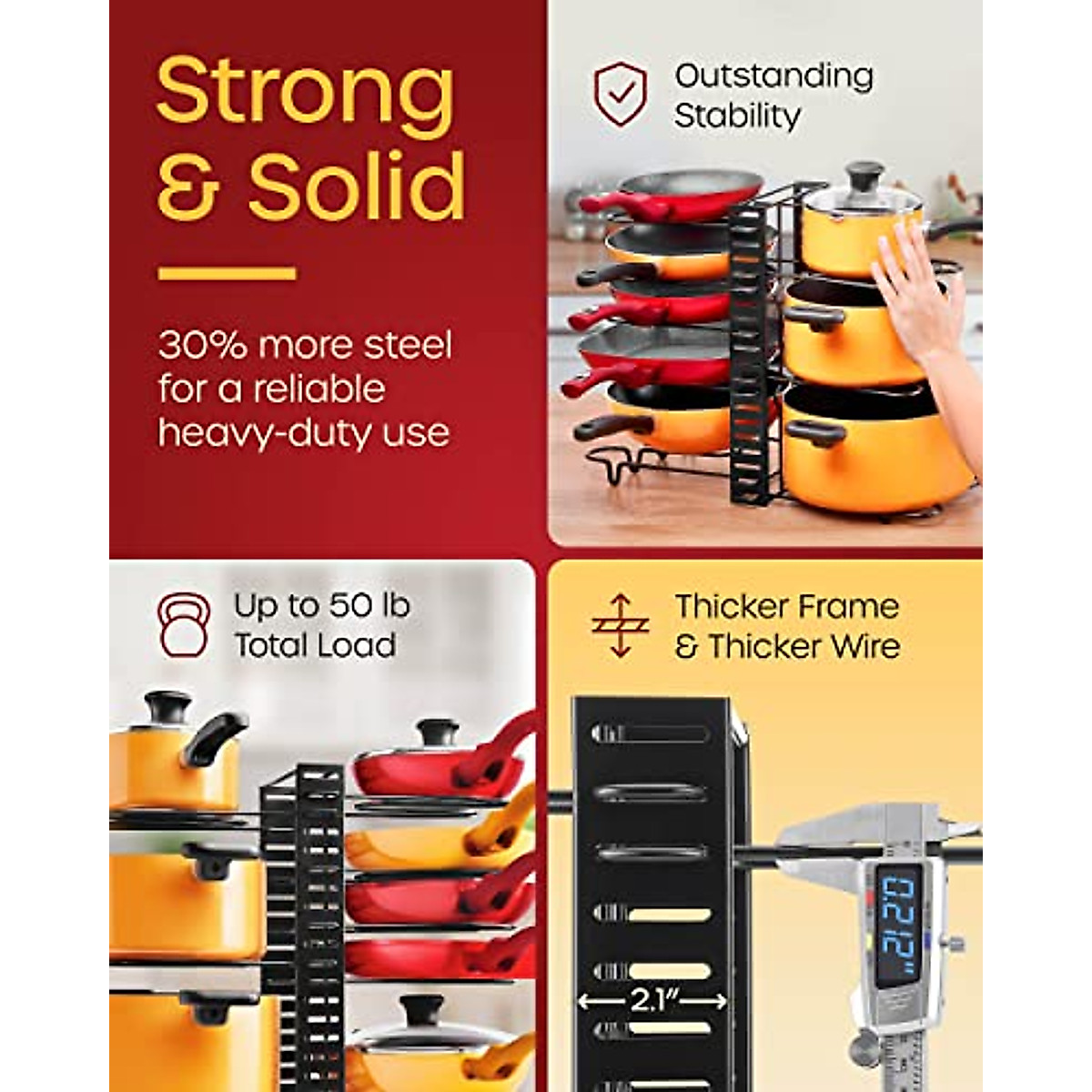 MUDEELA Pots and Pans Organizer for Cabinet Pan Organizer Rack for Cabinet with 3 DIY Methods, Adjustable Pot Organizer Rack with 8 Tiers, Pan Pot Rack for Kitchen Organization and Storage