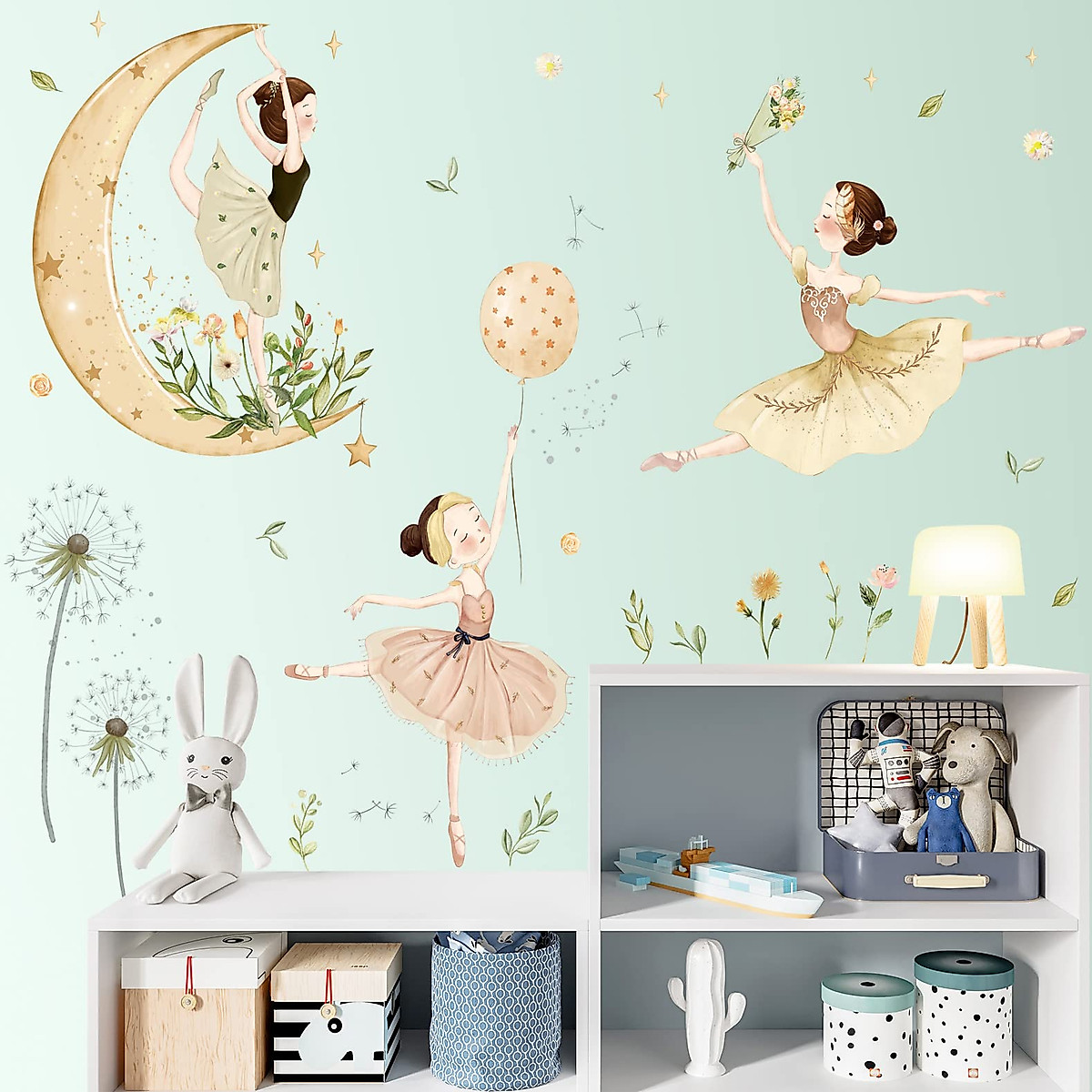 2 Sheets Ballet Girls Wall Stickers 3D Moon and Flower Wall Decals DIY Removable Dandelions Wall Sticker for Kids Baby Girls Bedroom Nursery Living Room TV Background Kids Rooms Home Wall Decoration