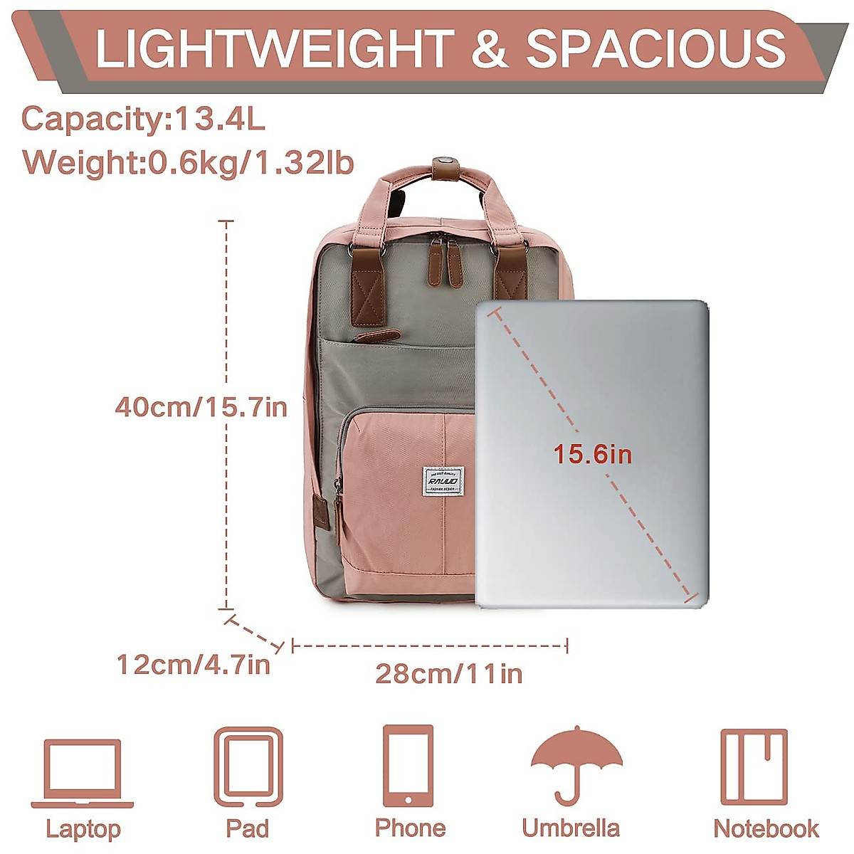 RAVUO Backpack for Women, Water Resistant Lightweight Flap Backpack 15.6 Inch Computer Back Pack Travel Bookbag for College Work Business Pink