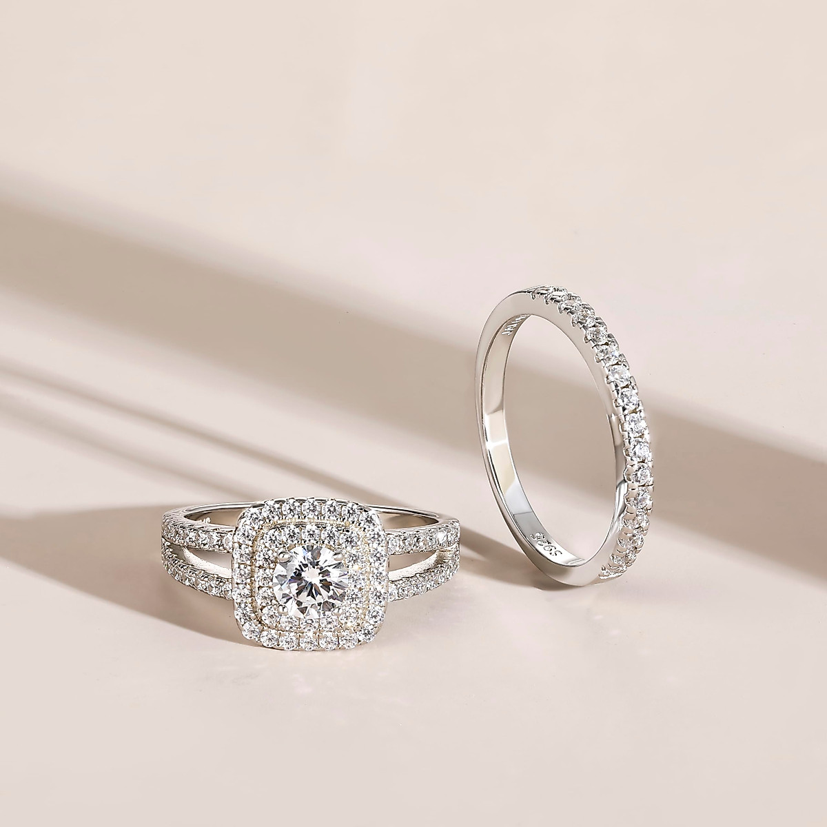 JALOKIVI 0.5CT 925 Sterling Silver Bridal Rings Sets for Women Cushion Cut Halo Cubic Zirconia Engagement Ring Wedding Band Size 8