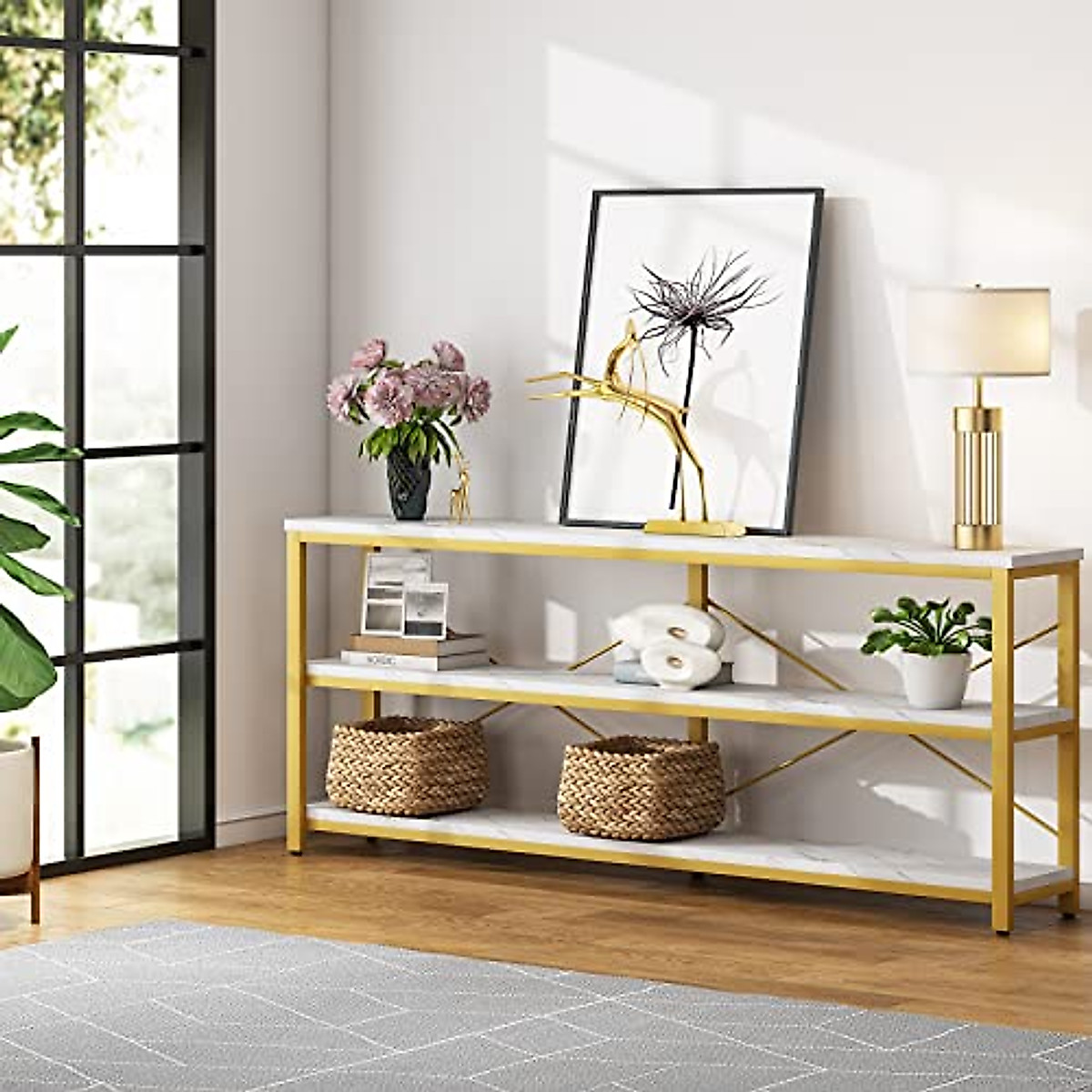 LITTLE TREE 70'' Narrow Long Sofa Console Table with 3-Tier Storage Shelf for Living Room, Faux Marble White & Gold