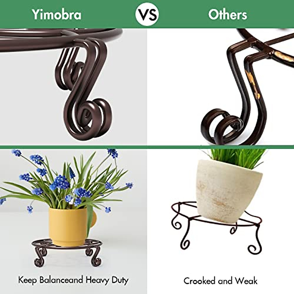 Yimobra Metal Plant Stand for Flower Pot 2 Pack Heavy Duty Potted Holder Indoor Outdoor Metal Rustproof Iron Garden Container Round Supports Rack for Planter (2PC Brown,11.8 Inches)