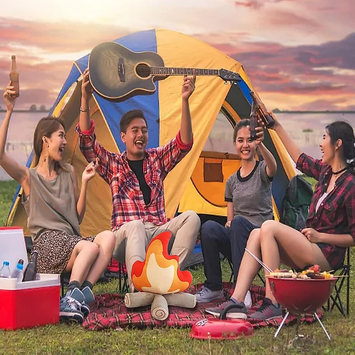 Chilifuli Funny Campfire Plush,12 in Simulation Fake Campfire Pillow, Soft Simulation Bonfire Stuffed Plushies Doll Fake Fire Firewood Plush Pillow, for Outdoor Camping Room Decor Kids Gifts (12 in)