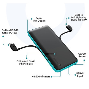 Ampere Really Good Power Bank - 10000mAh Portable Travel Phone Charger with Built-in Lightning Cable [MFi Certified] & Built-in USB-C Cable for iPhone, iPad & AirPods (Black/Teal)