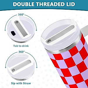 Caikeny Insulated Tumblers with Lid and Straw Checkerboard 30 oz Reusable Stainless Steel Cup Lavender Red Water Bottle Coffee Travel Tumbler Mug for Women Men
