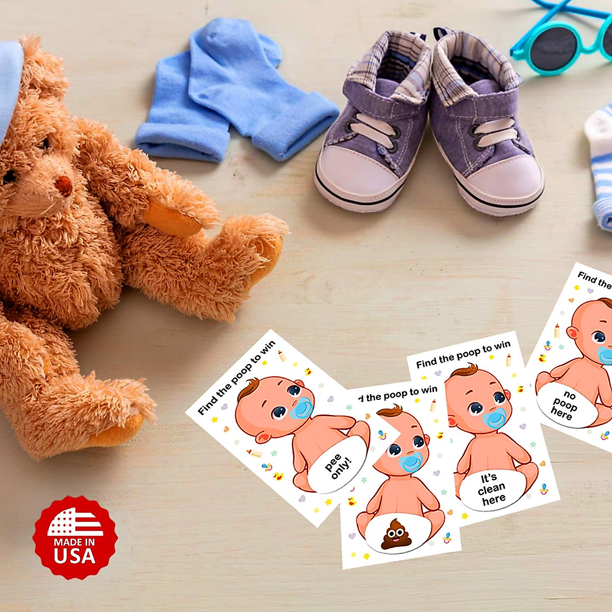 Baby Shower Boy Scratch Off Poop Game, Easy to Play Silly Games, Fun Idea, Ice Breaker Activity. Raffle Cards, Blue Pacifier, Set of 40 Cards Made in USA