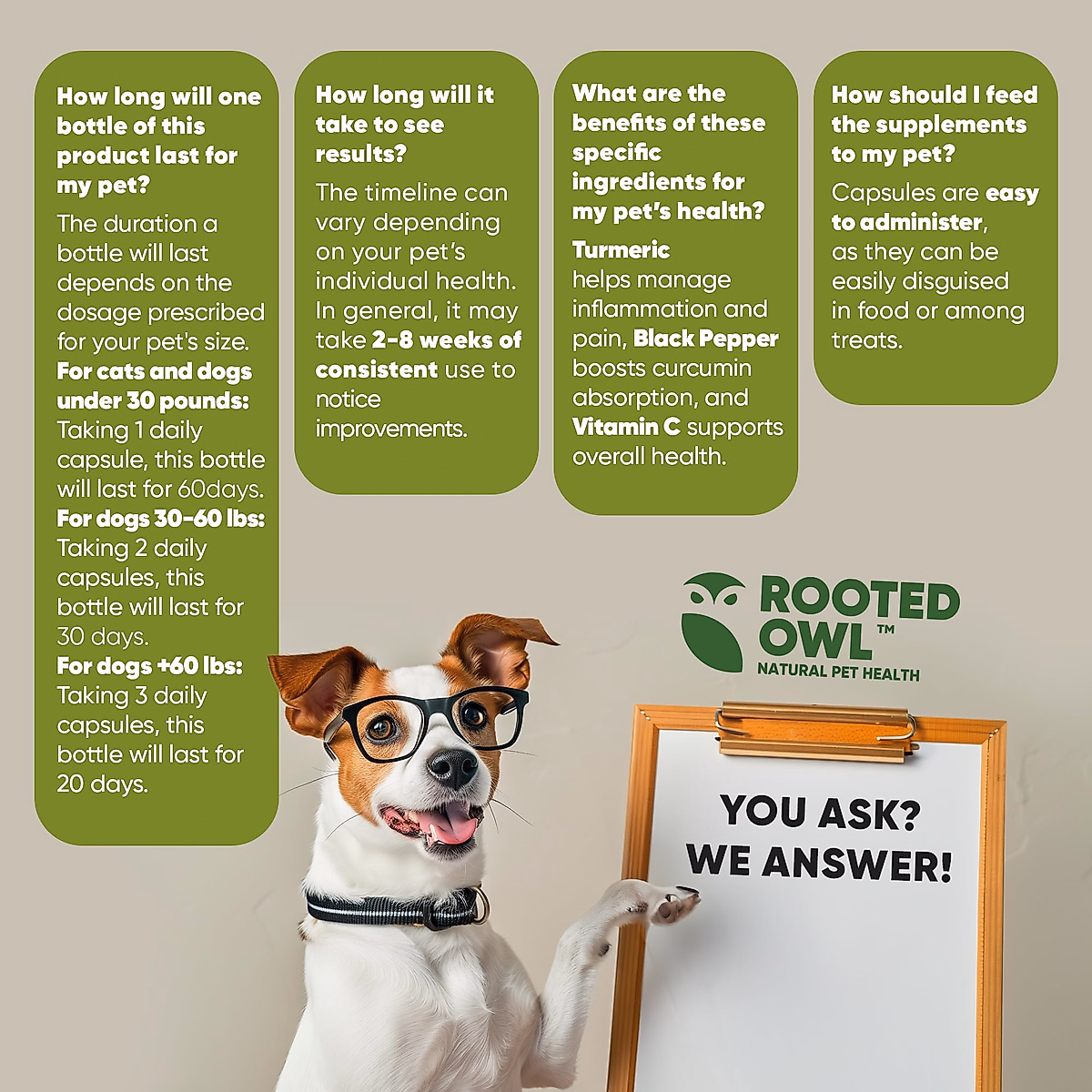 Rooted Owl Turmeric - Turmeric Supplement for Dogs and Cats - with Curcumin, Piperine and Vitamin C for Anti-Inflammatory Relief - 60/ct