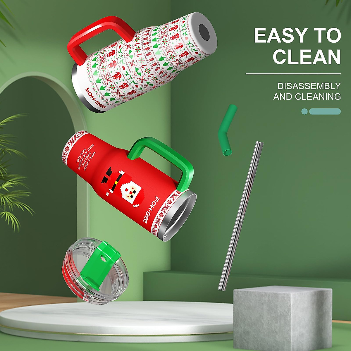 FOHGEE Christmas Style 40oz Stainless Steel Tumbler with Handle - Keep Drinks Cold & Hot All Season! (Red Santa)