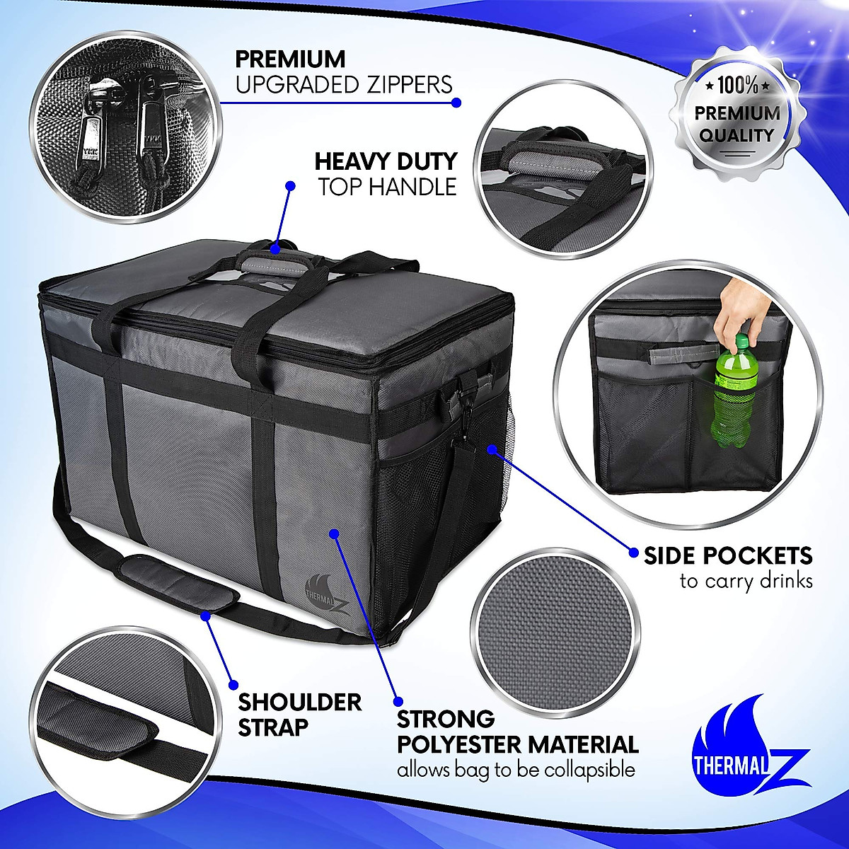 ThermalZ Insulated Food Delivery Bag, Cooler Bag, Extra Large Insulated Grocery Bags for Hot and Cold Grocery Shopping, Insulated Bag for Catering