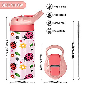 ALAZA Cute Ladybug Flower on Pink Background Kids Water Bottles with Lids Straw Insulated Stainless Steel Water Bottles Double Walled Leakproof Tumbler Travel Cup for Girls Boys Toddlers 12 oz,Pink