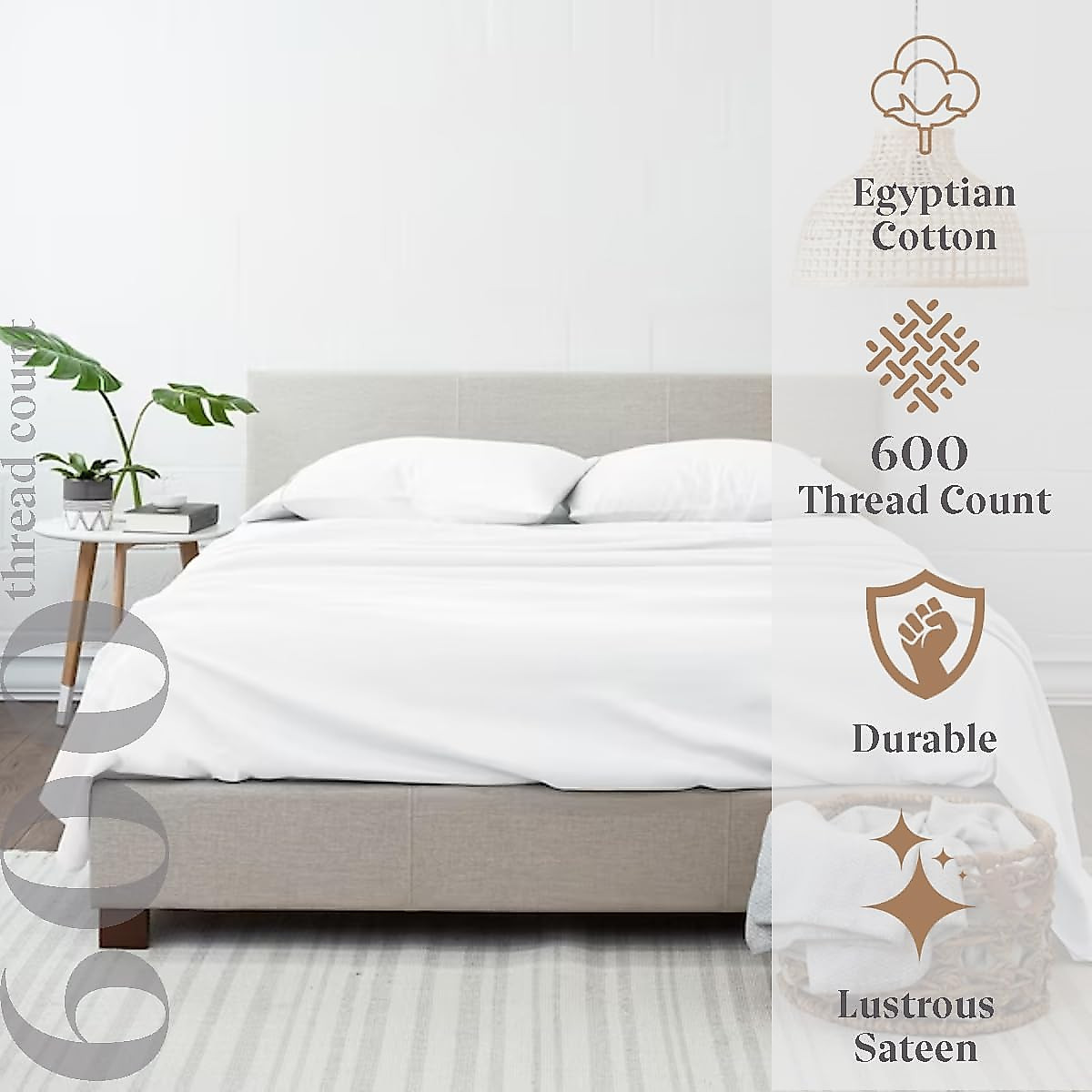 Peace Sleep Bedding - 600 Thread Count Egyptian Cotton Sheets - Luxury Full Size Cooling Bed Sheets - Soft Sateen Weave Cotton Bed Sheets - Deep Pocket Fits Upto 16" Deep Mattress - White