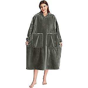 Kipswiza Oversize Wearable Blanket Flannel Super Soft Warm Long Hoodie Blankets Big Hooded Sweatshirt Hoodie Blanket for Adults Men Women Girls Teenagers Teens Greenish-Gray