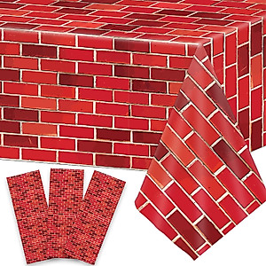 chiazllta 3 Pieces Red Brick Tablecloth Plastic Brick Wrapping Paper Stone Wall Backdrop for Christmas Party Decorations Fireplaces Curtains Door Wallpaper Photography Supplies