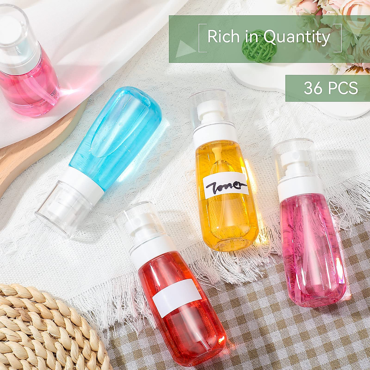 36 Pcs Small Spray Bottle 3.4 Oz/ 100 ml PETG Fine Mist Spray Bottles Hair Leak Proof Travel Size Spray Bottle Cute Mini Empty Cosmetic Refillable Travel Containers for Perfume with 40 Labels