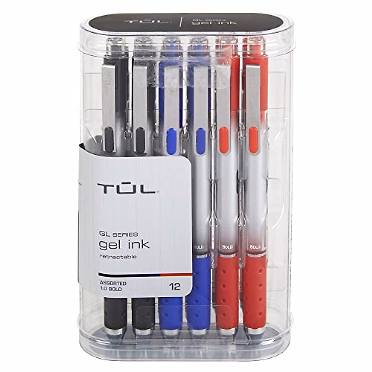 TUL® GL Series Retractable Gel Pens, Bold Point, 1.0 mm, Silver Barrel, Assorted Ink Colors, Pack Of 12 Pens