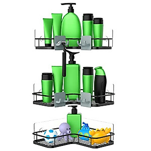 Zaspaver Black Corner Shower Caddy Organizer Shelf Shelves Basket with Hooks, Bathroom Adhesive Shampoo Holder 3 Pack, Drill Free No Rust