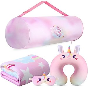 Gulfmew Unicorn Travel Blanket and Pillow Set for Kids Unicorn Airplane Blanket Soft Kids Neck Pillow Eye Mask and Adjustable Storage Bag Cute Travel Accessories for Girl Airplane Car Trip Home Use