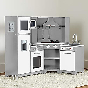 Amazon Basics Kids Corner Wooden Kitchen Toy Playset with Stove, Oven, Sink, Fridge and Accessories, for Toddlers, Preschoolers, Children Age 3+ Years, White & Gray, 39.37"L x 28.35"W x 35.04"H