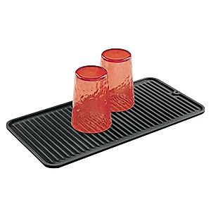 mDesign Silicone Dish Drying Mat - Protector for Kitchen Countertop, Sink - Ribbed Design, Raised Edges, Non-Slip, Waterproof, Heat Resistant, Dishwasher Safe, Small, Linelle Collection, Black