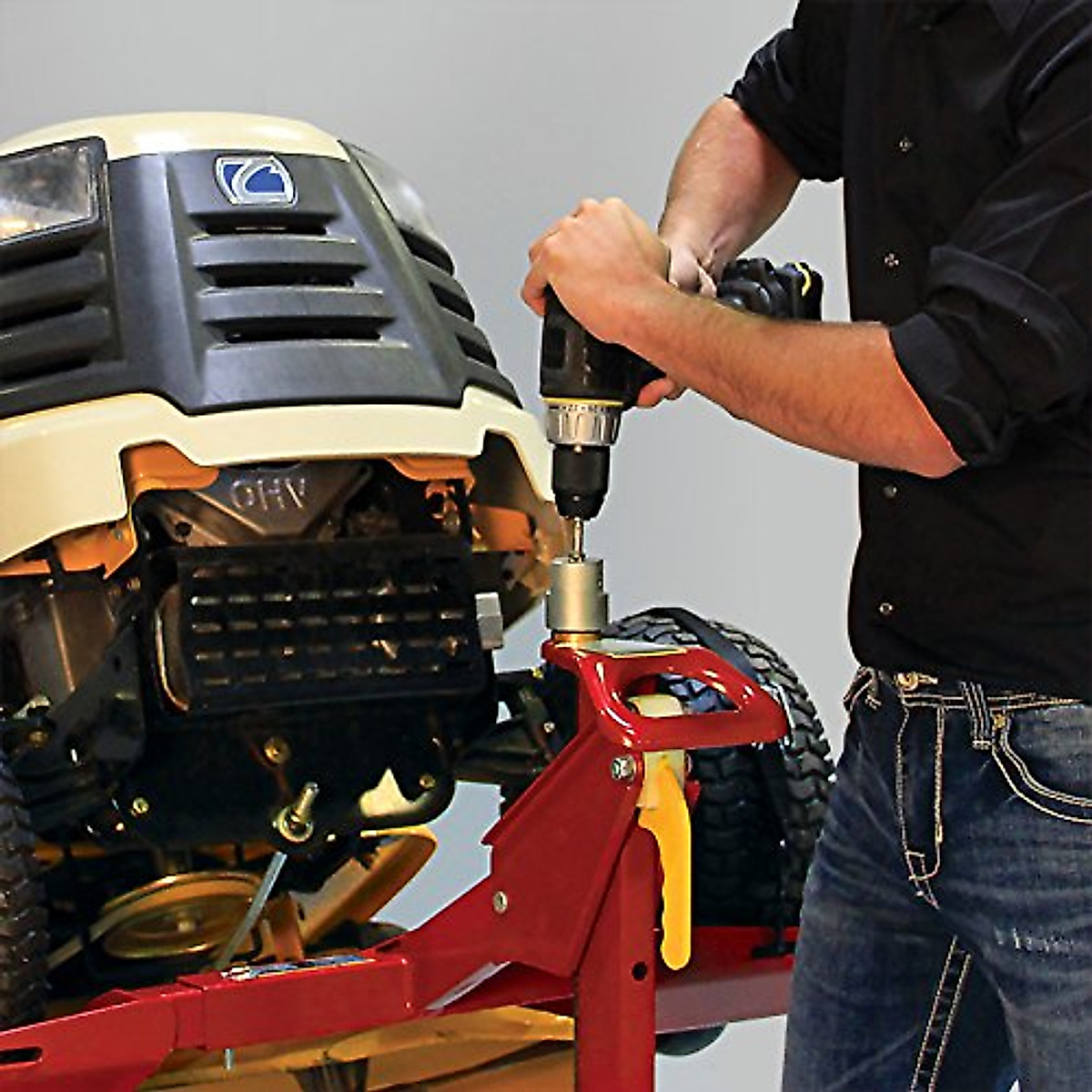 MoJack EZ Max - Residential Riding Lawn Mower Lift, 450lb Lifting Capacity, Fits Most Residential & Ztr Mowers, Folds Flat For Easy Storage, Use for Mower Maintenance Or Repair, Red