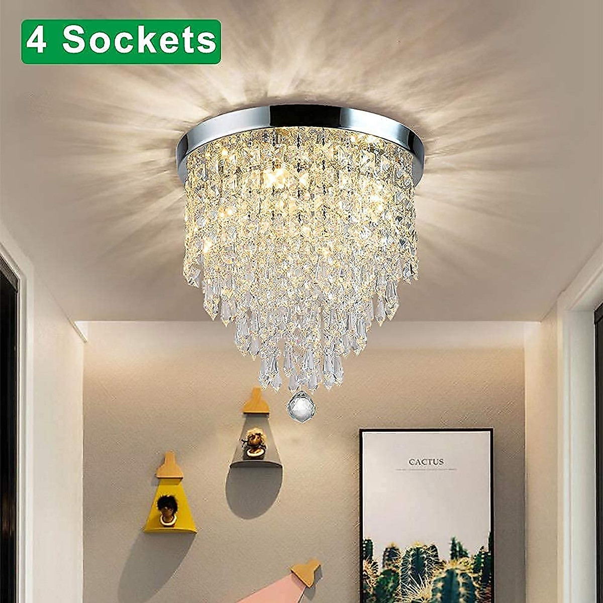 Depuley 4-Lights Mini Chandelier, Modern Flush Mount Ceiling Light, H 12.2'' x W 11.8'' Crystal Lighting Fixture for Bedroom, Hallway, Kitchen, Living Room, Bar