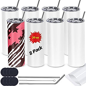 Tswofia Sublimation Tumblers Bulk 20 oz Skinny Straight, 8 Pack Stainless Steel Skinny Sublimation Tumbler Blanks With Shrink Wrap Film Lid Straw Set,Individually Boxed