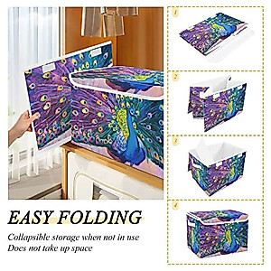 Kigai Peacock Storage Bins Foldable Large Cube Storage Box with Lids and Handles for Home Organizer Closet Office Decor 16.5x12.6x11.8 In