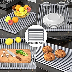 Neholef Roll-Up Dish Drying Rack, Over The Sink Multipurpose Dish Drainer Rack, Heat-Resistant Anti-Slip Silicone Coated Dish Rack for Kitchen Sink Countertop