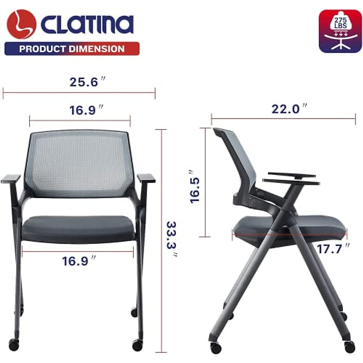 CLATINA Rolling Conference Room Chairs Set of 8, Folding Stackable Office Guest Reception Chairs with Armrests and Wheels, Mesh Waiting Room Chairs for Office, Meeting, Lobby, Church, Grey