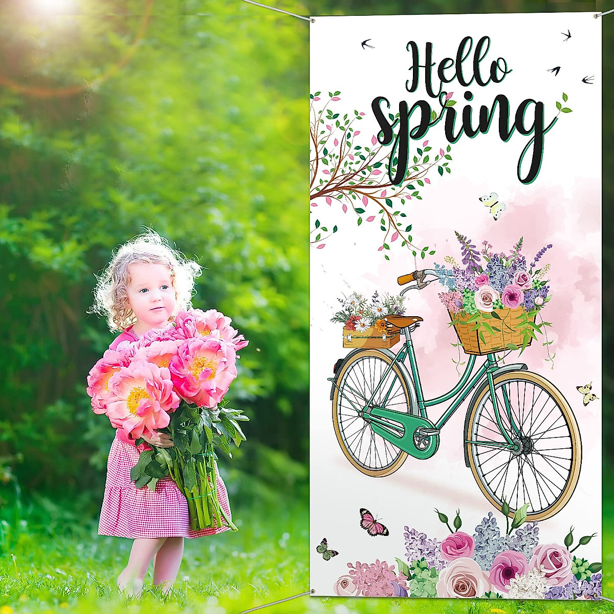 Hello Winter Welcome Porch Sign Door Cover Banner Winter Party Decoration Backdrop Floral Bike Banner Large Seasonal Door Banner Background Door Cover, 70.8 x 35 Inch (Spring Style)