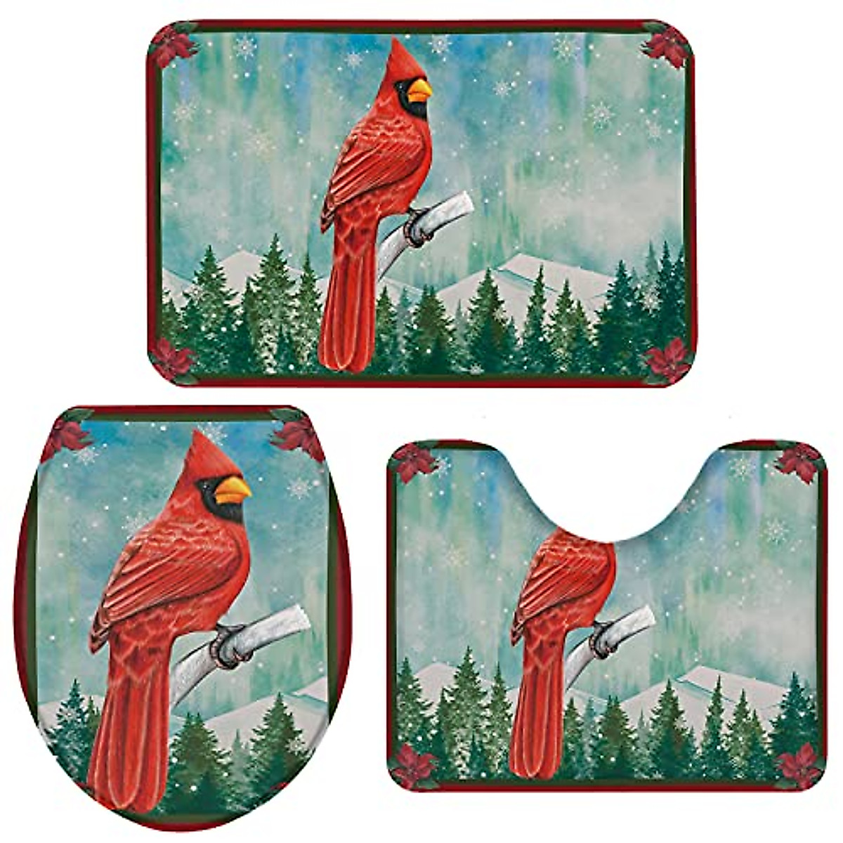 Bathroom Rugs, Memory Foam Bath Mat Bathroom Set, Christmas Red Bird in Snow Bath Rugs Bathroom Accessories, Home Decor Non-Slip Absorbent Soft Bath Mats for Bathroom, Tub, 3 Pieces