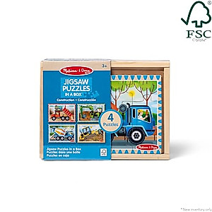 Melissa & Doug Construction Vehicles 4-in-1 Wooden Jigsaw Puzzles in a Box (48 pcs) - FSC Certified