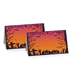 Halloween Table Place Card, 25 Pcs Tent Style Cards Set with Pumpkin and Ghost, Editable Name Cards for Table Seating, Scored for Easy Folding, Food Lables for Halloween Party (08)