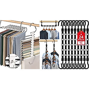 24 Pack Magic Space Saving Hangers+2 Pack Upgrade 9 Layers Pants Hangers Space Saving for Wardrobe Apartment College Dorm Room Essentials