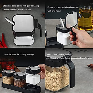 Huangfulie Glass Condiment Jar Spice Container with Lids and Spoons, Square Clear Seasoning Sugar Containers Set with Base, Sugar Pepper Salt Spices Bowl for Kitchen Countertop,3pcs