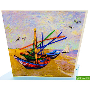 GREENHANDSHAKE Van Gogh Fishing Boats on the Beach (1888) Quilling Art Greeting Card,Design Greeting Card for Birthday, Valentine's Day, Get Well, All Occasion. Framable Artwork for Art Lovers
