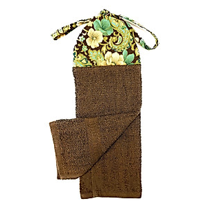 Teal and Cream Flowers and Paisley with Gold on Brown Reversible Ties On Stays Put Kitchen Hanging Loop Hand Dish Towel