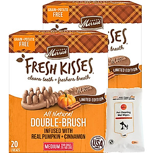 Aurora Pet Bundle Pack (2) Merrick Fresh Kisses Real Pumpkin & Cinnamon Flavor Medium Breed Dog Dental Treats with (1) Grooming Wipes