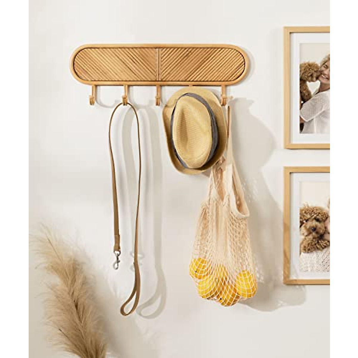 Kate and Laurel Tioga Boho Rattan Wall Mounted Coat Rack, 20 x 3 x 8, Natural Wood, Five Decorative Coat Hooks and Hat Rack with Trendy Rattan Wrapped Capsule Base for Boho Wall Decor