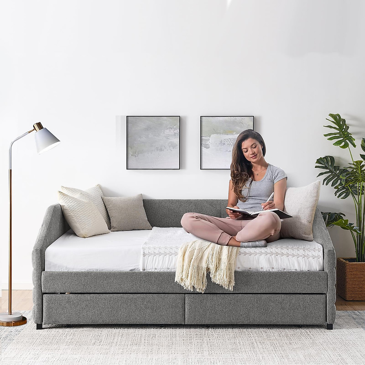 JEEOHEY Queen Size Daybed with Storage, Modern Upholstered Linen Sofa Bed with 2 Pull-Out Drawers for Apartment Living Room Guest Room, Solid Wood Trundle Day Bed Frame, No Box Spring Needed, Grey