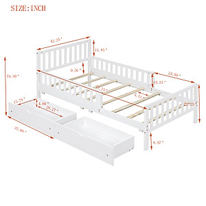 SOFTSEA Cute Twin Platform Bed Frame for Boys Girls with Guardrail and Storage Wood Bed Frame with Drawers for Storage, Wood Slats and No Box Spring Needed, White