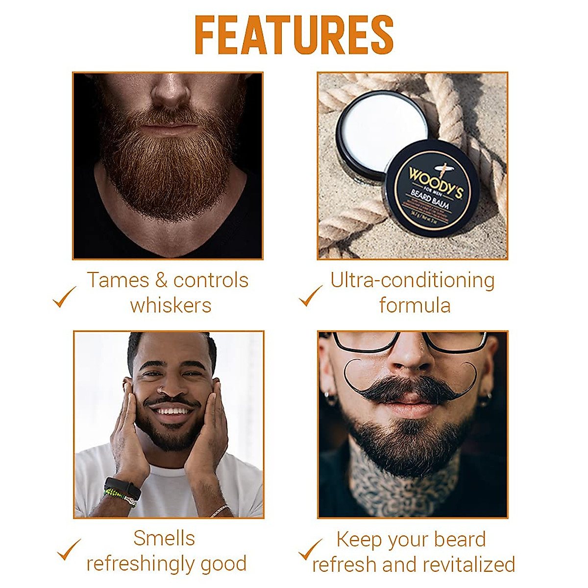 Woody's 2-in-1 Beard Balm, Facial Hair Conditioner and Style Wax, with Coconut Oil, Panthenol, and Natural Beeswax, 2 Oz