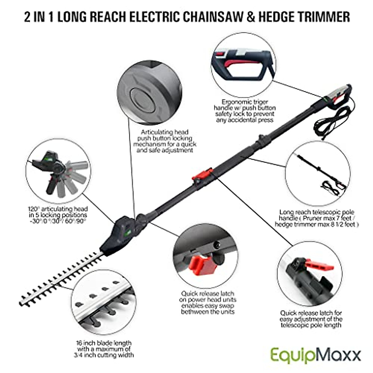 EQUIPMAXX Long Reach 2 in 1 Electric (Corded) Pole Hedge Trimmer & Chainsaw, Telescopic Extension Pole Tool for Garden Pruning and Branch Cutting (Extends to 7 1/2 Feet)