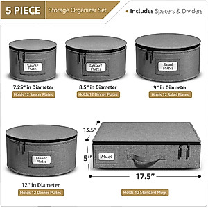 Sorbus China Dinnerware Storage Organizer Hard Shell 5-Piece Set for Protecting or Transporting - Service for 12 - Round Plate and Cup holder with Quilted Felt for Plate Dividers (Gray)