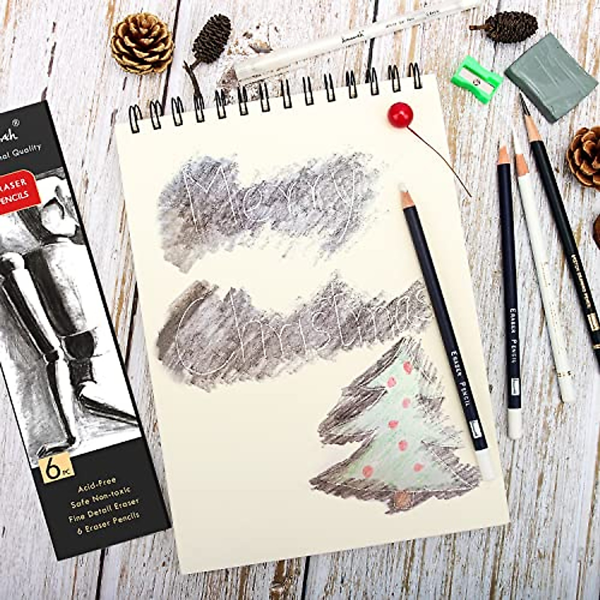 Brusarth Eraser Pencils Set - Professional 3pc Erasing Small Details or add Highlights for Sketching Pencils, Colored Pencils, Charcoal Drawings. Fine Detail Eraser for Beginners & Artists