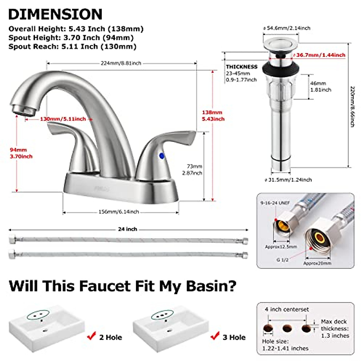 PARLOS 2-Handle Bathroom Sink Faucet with Drain Assembly and Supply Hose Lead-Free cUPC Lavatory Faucet Mixer Double Handle Tap Deck Mounted Brushed Nickel,13598