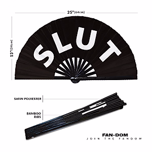 Slut hand fan foldable bamboo circuit rave hand fans skank hoe tramp words expressions funny statement gag gifts Festival accessories (Black)