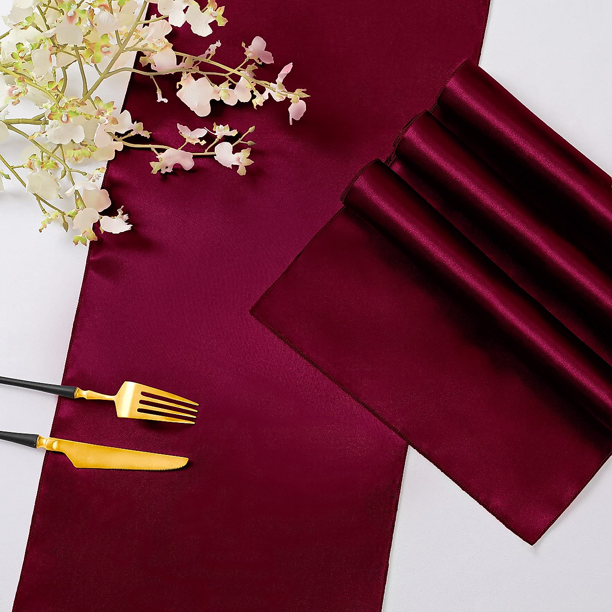 Horbaunal 12 Pack Burgundy Satin Table Runner 12 x 108 Inch, Smooth Table Runners for Wedding Banquets Birthday Party